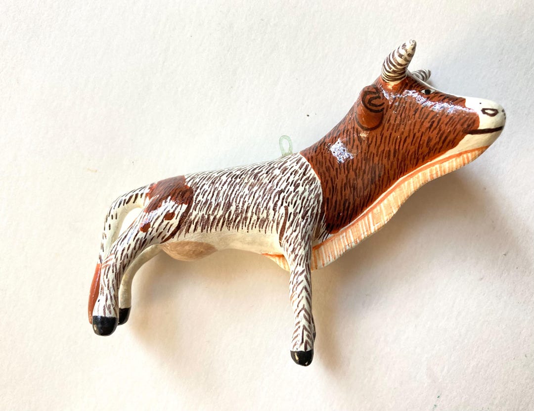 Folk Art Hand Carved Wooden Cow Haiti Painted Figurine Haitian Handmade ...