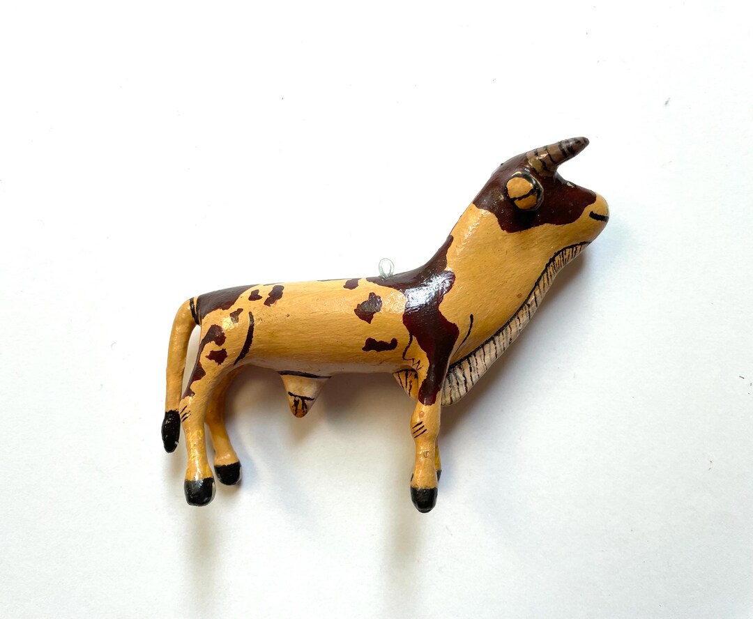 Folk Art Hand Carved Wooden Cow Haiti Painted Ornament Haitian Handmade ...