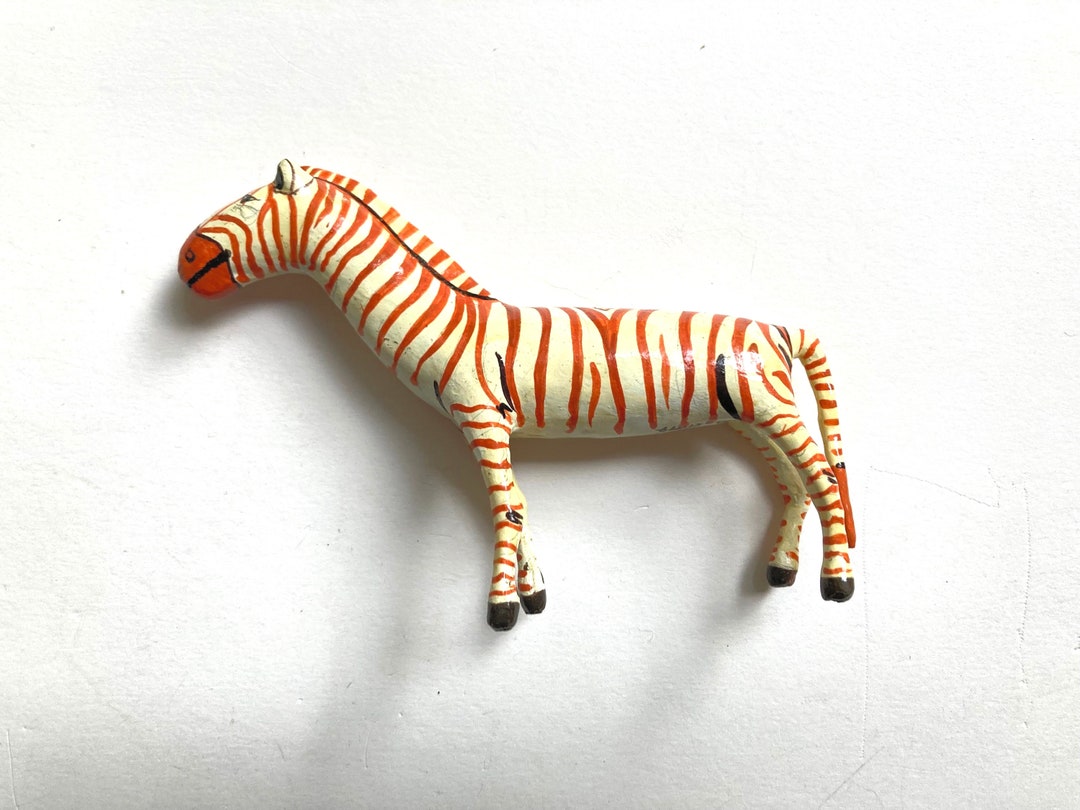 Folk Art Hand Carved Wood Animal Haiti Painted Orange Zebra Figurine ...