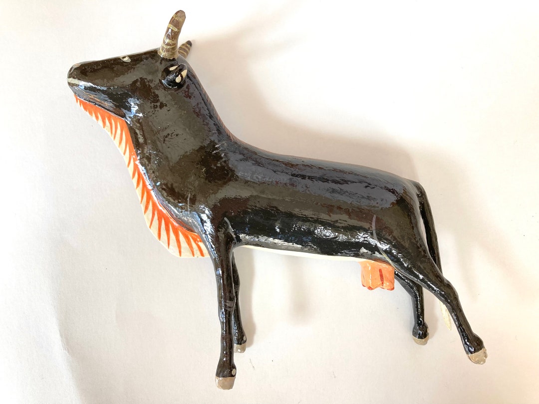Folk Art Hand Carved Wooden Milk Cow Haiti Painted Cattle Figurine ...