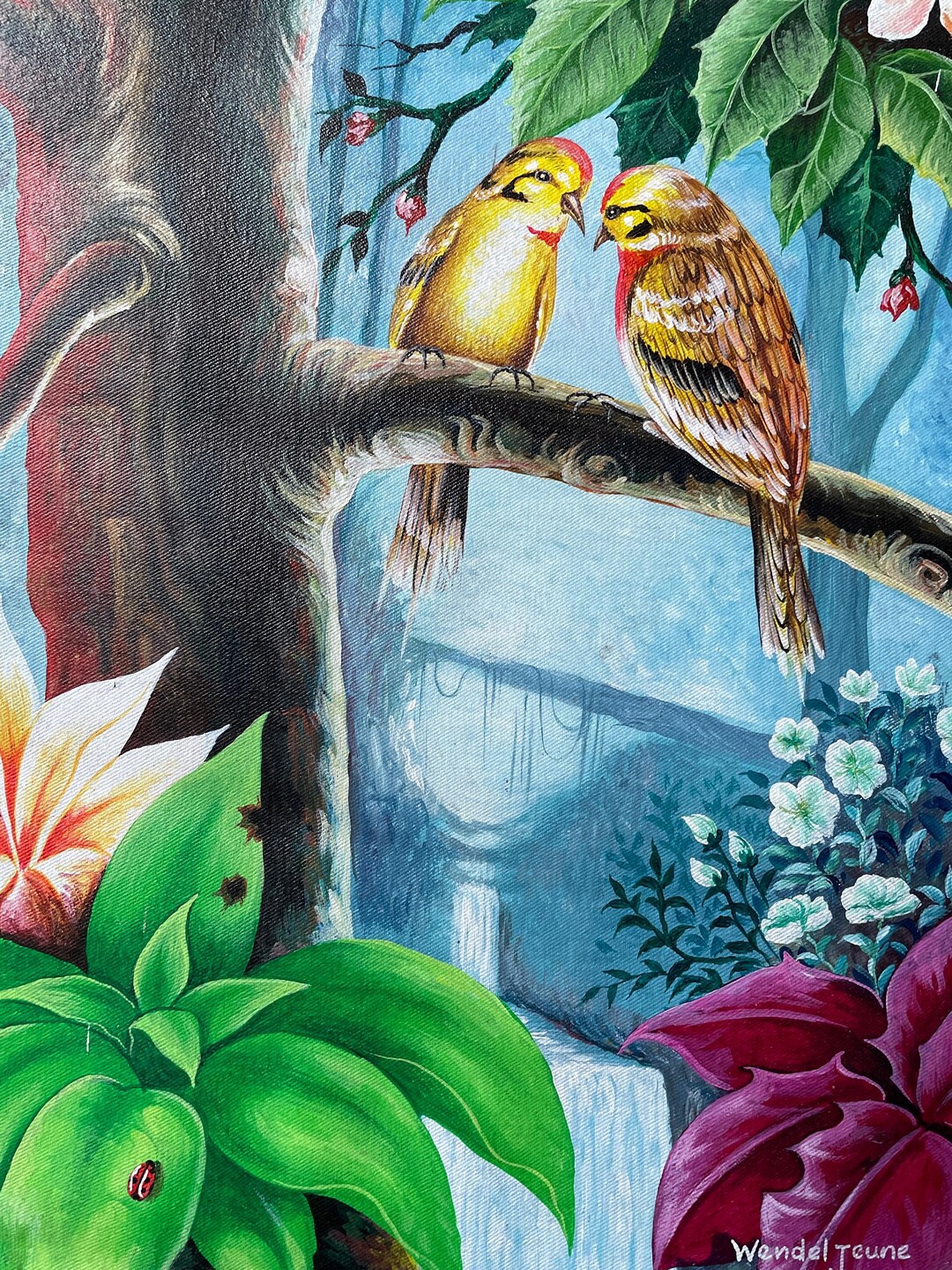 Haiti Lush Tropical Birds Realistic Folk Art Painting 12”x 19 3/4 ...