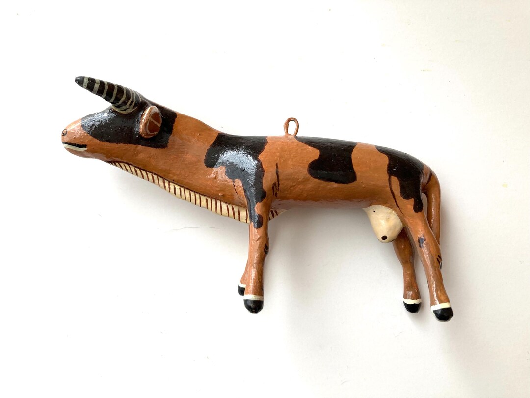 Folk Art Hand Carved Wooden Cow Haiti Painted Figurine Haitian Handmade ...