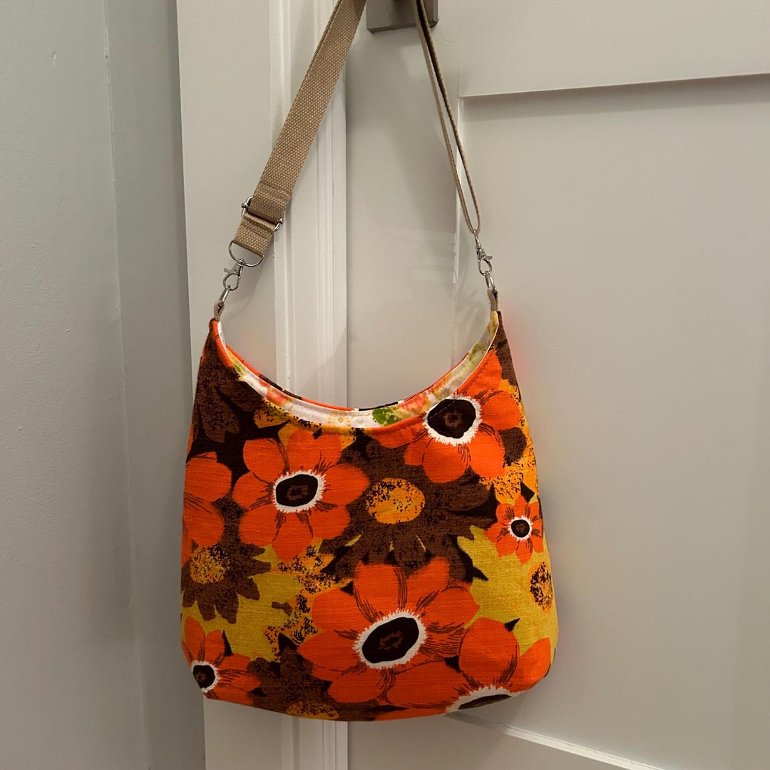 Handmade Barkcloth Hobo Bag: Vintage Flower Power Crossbody - Etsy