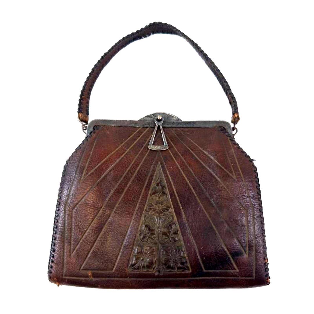 Vintage Antique Tooled Leather Handbag Art Deco Geometric Pattern ...