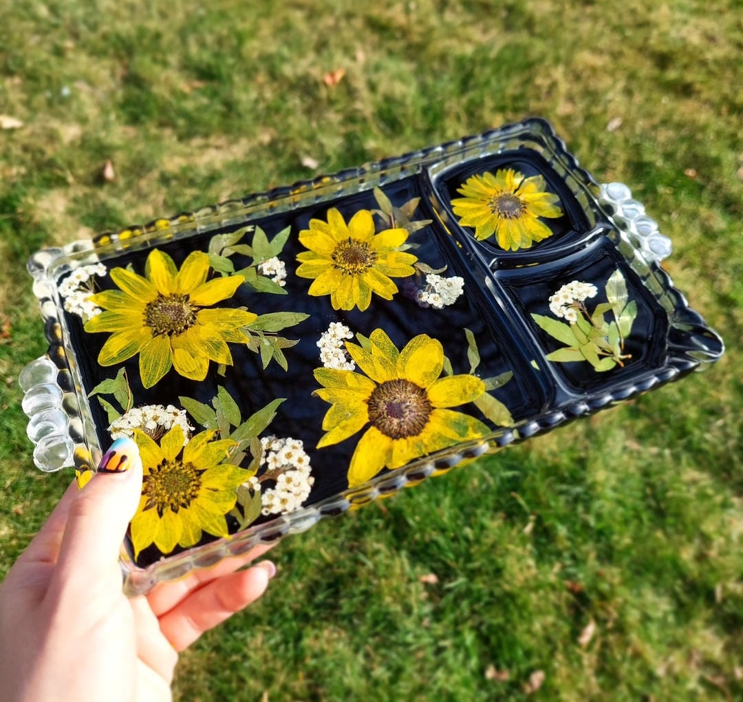 Large Sectional Sunflower Tray Sectioned Tray Floral Embedded Flowers ...