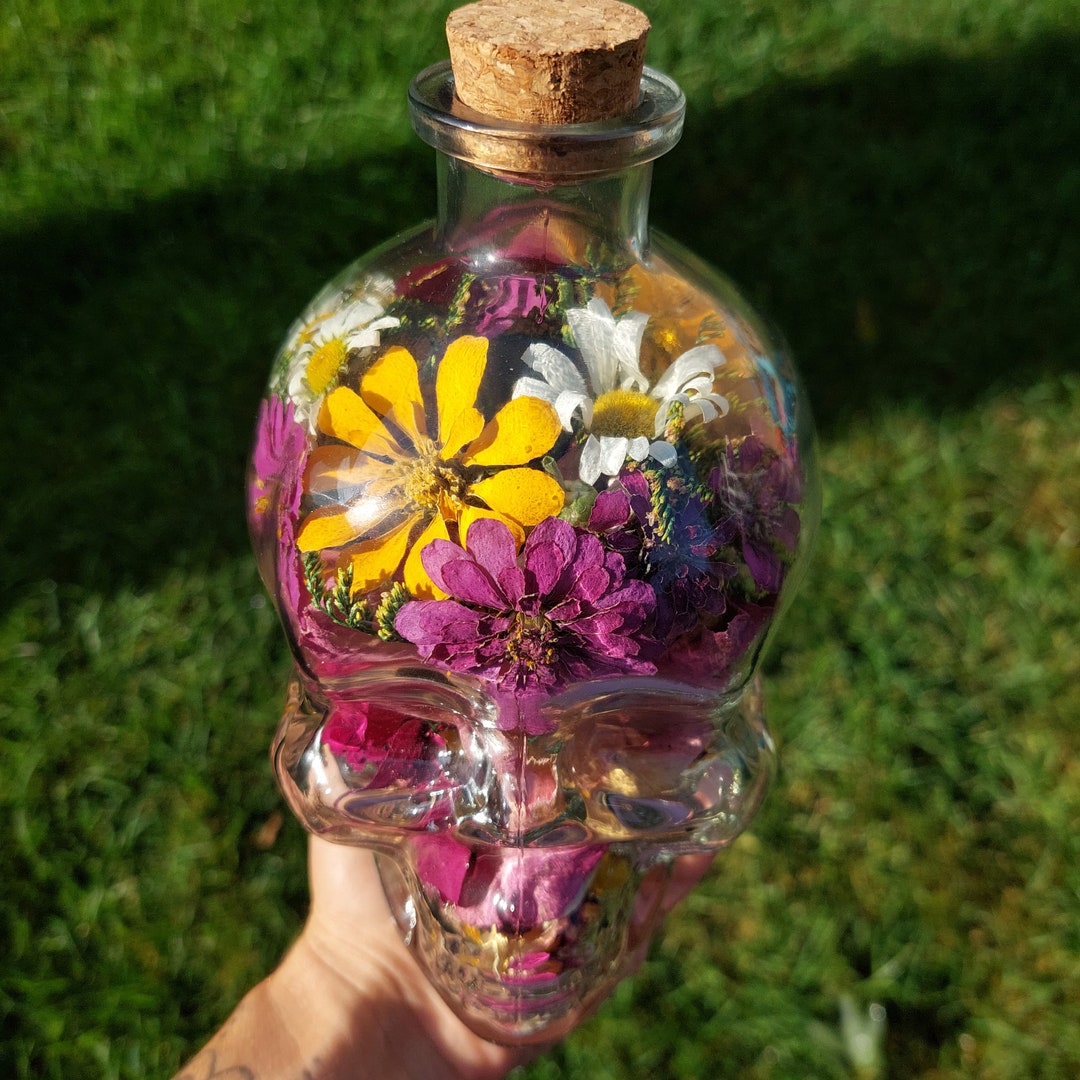 Glass Corked Skull Display Piece Real Dried Flowers Witchy - Etsy