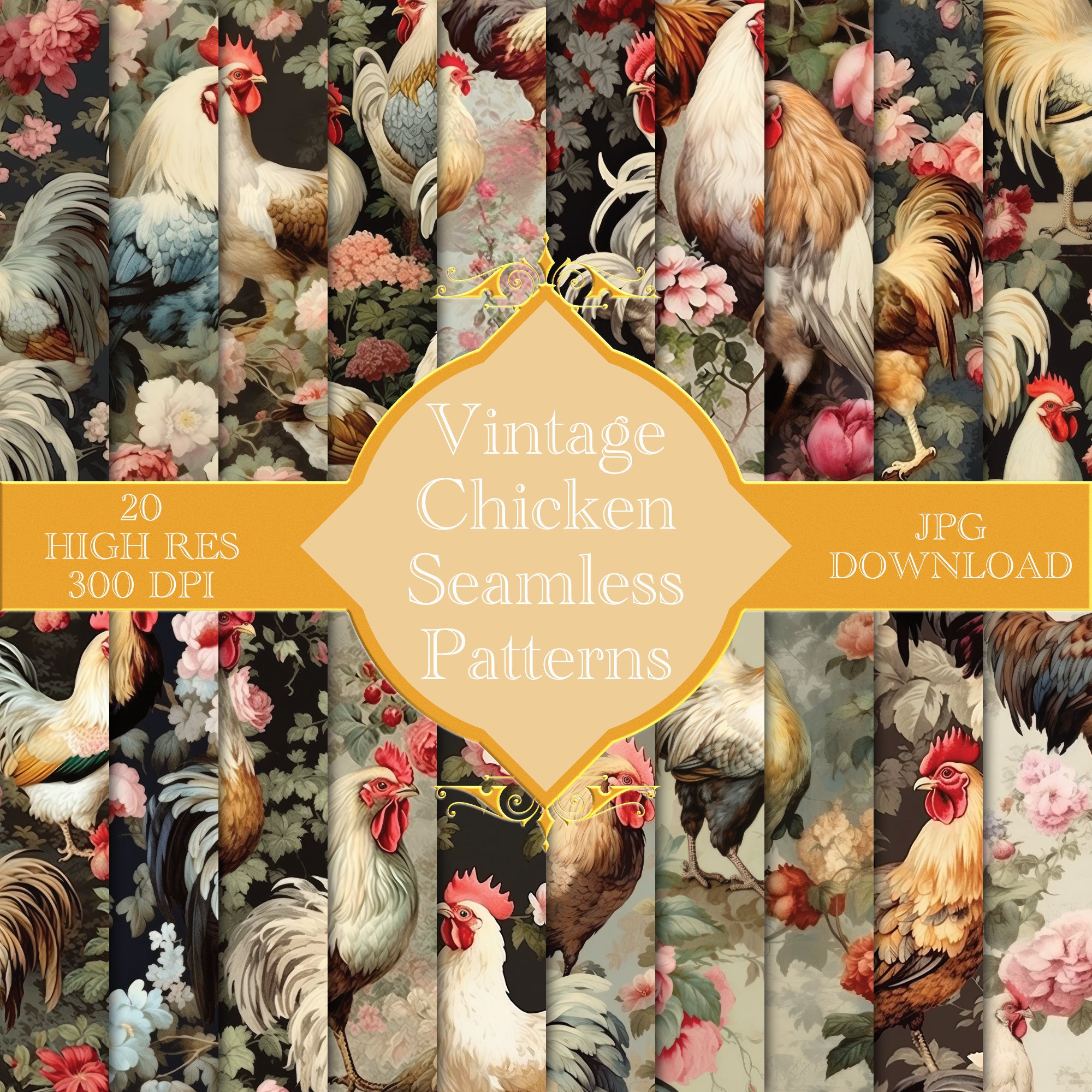 Vintage Chicken Seamless Texture Pattern, Farm Style, Digital ...
