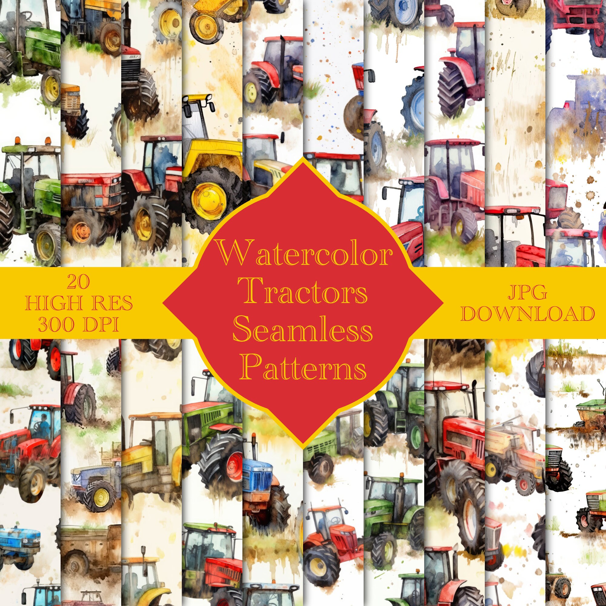Watercolor Tractor Seamless Texture Pattern Farming Style Agriculture ...