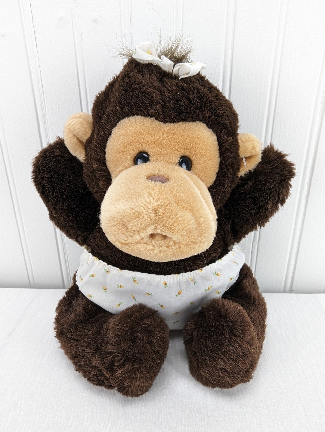 1987 Dakin Brown Monkey Plush 10" Stuffed Animal Cloth Diaper & Bow ...