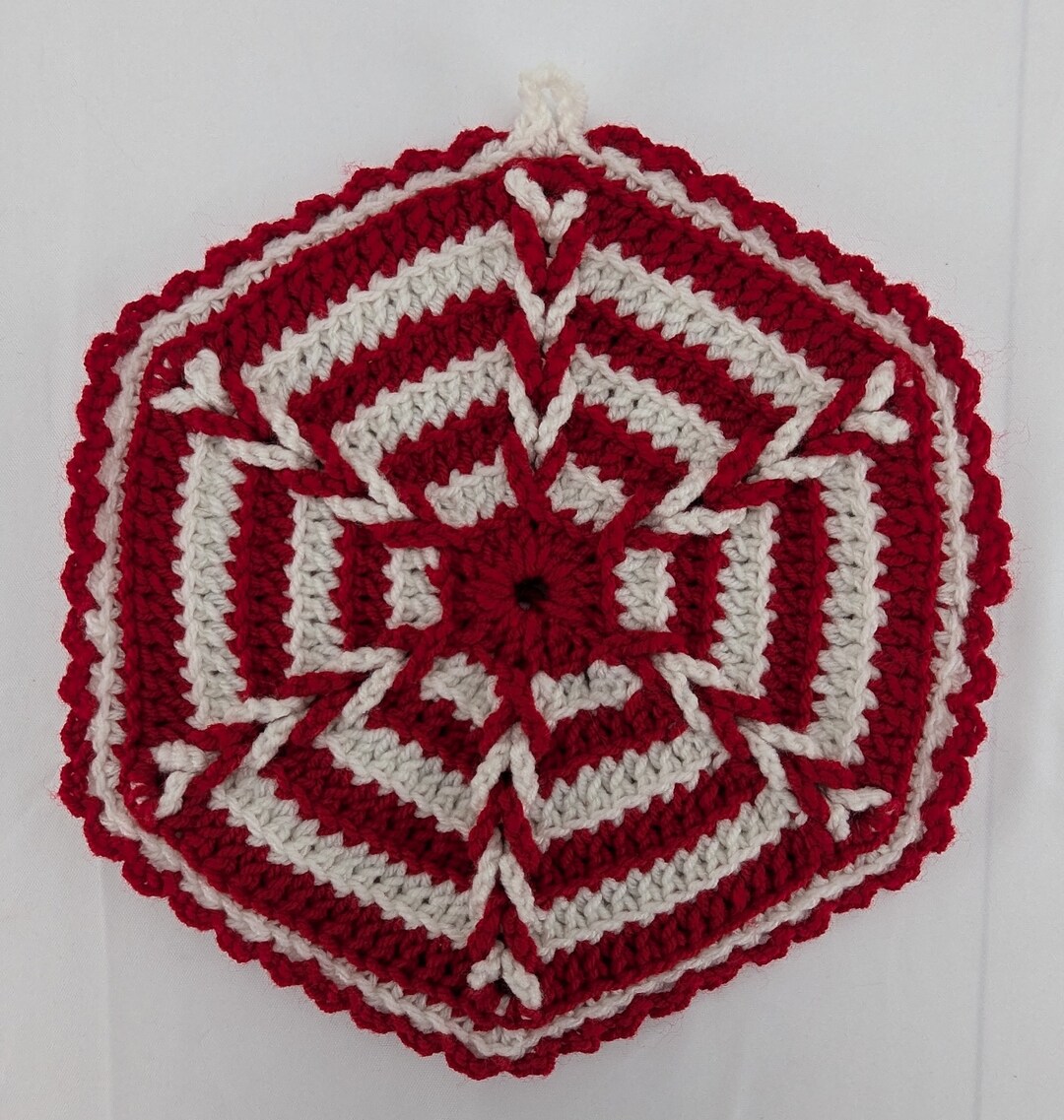 Vintage Crochet Hexagon Trivet Handmade Red and White Hot Pad Home ...