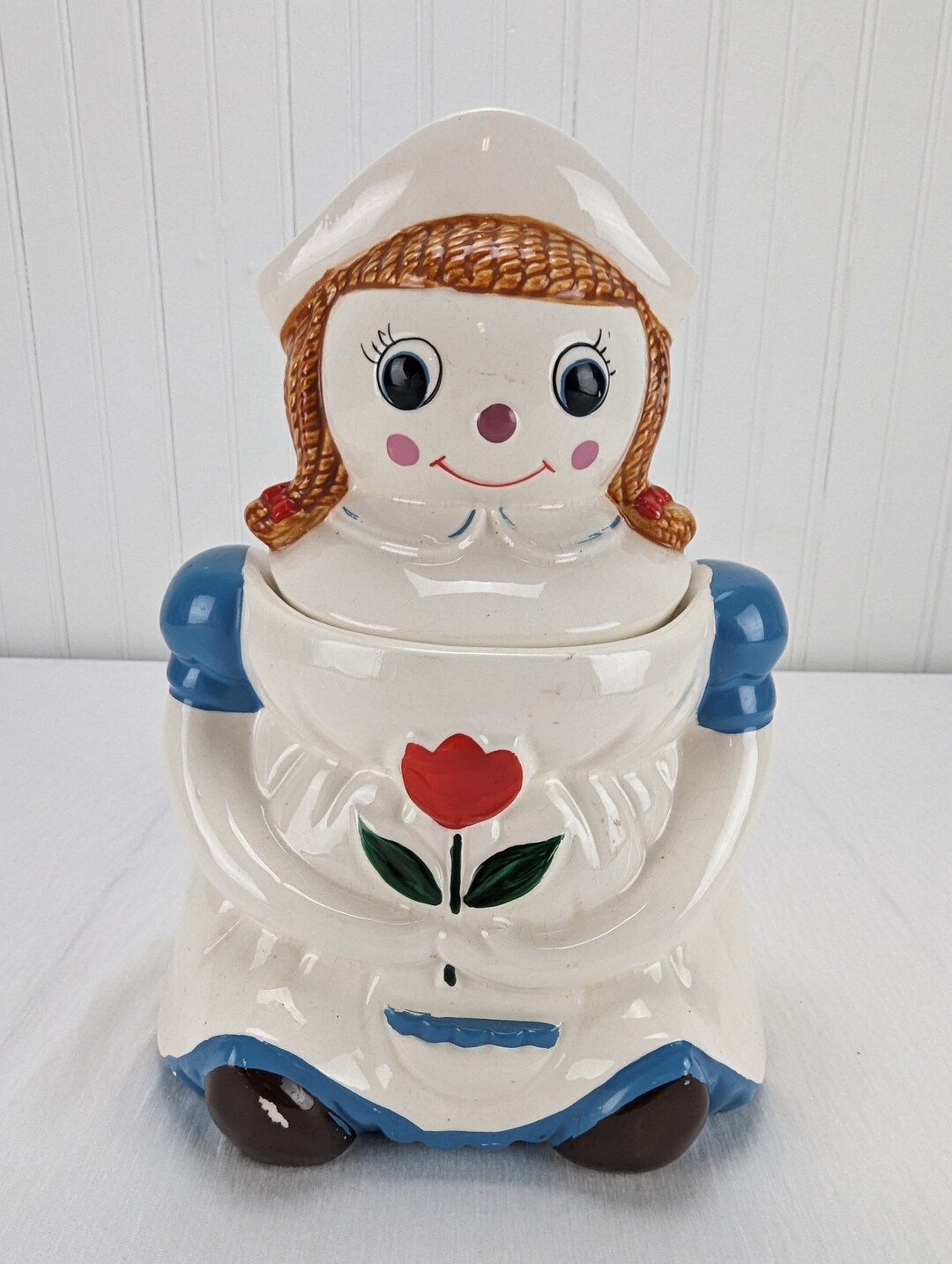 Vintage Cookie Jar Dutch Girl Holding Red Tulip Ceramic Kitchen Storage ...