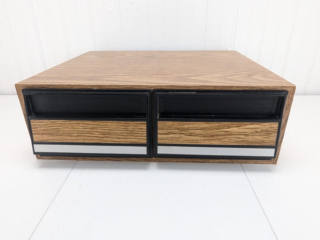 Vintage VHS Tape Holder 2 Drawer Cabinet Holds 24 Tapes Faux Wood Retro ...