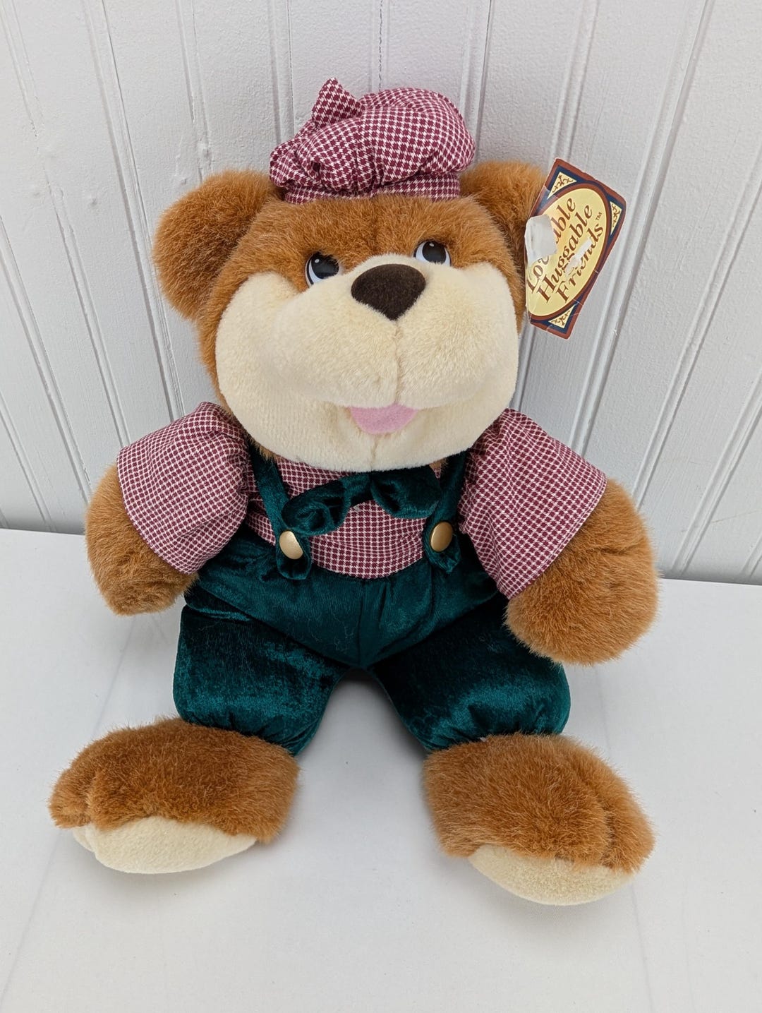 Vintage Dan Dee Bear Plush 16" Green Outfit Red Hat Loveable Huggable ...