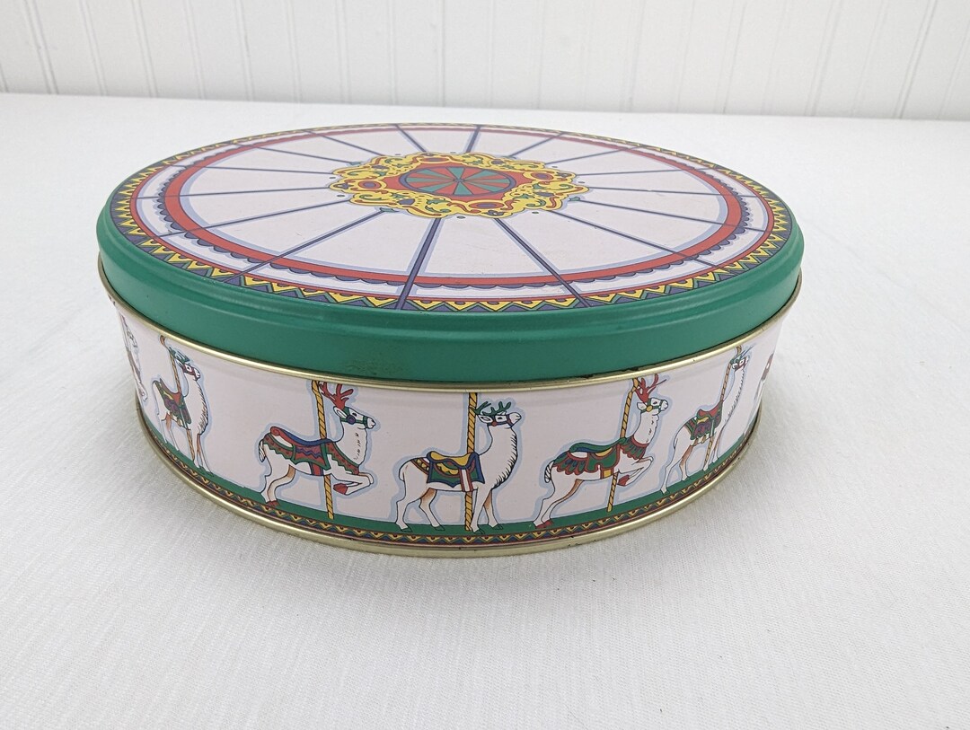 1987 Applause Christmas Reindeer Carousel Tin Round 7" Vintage Wallace ...