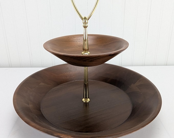 Vintage Walnut Wood Two Tier Serving Tray Gold Handle Display Home ...