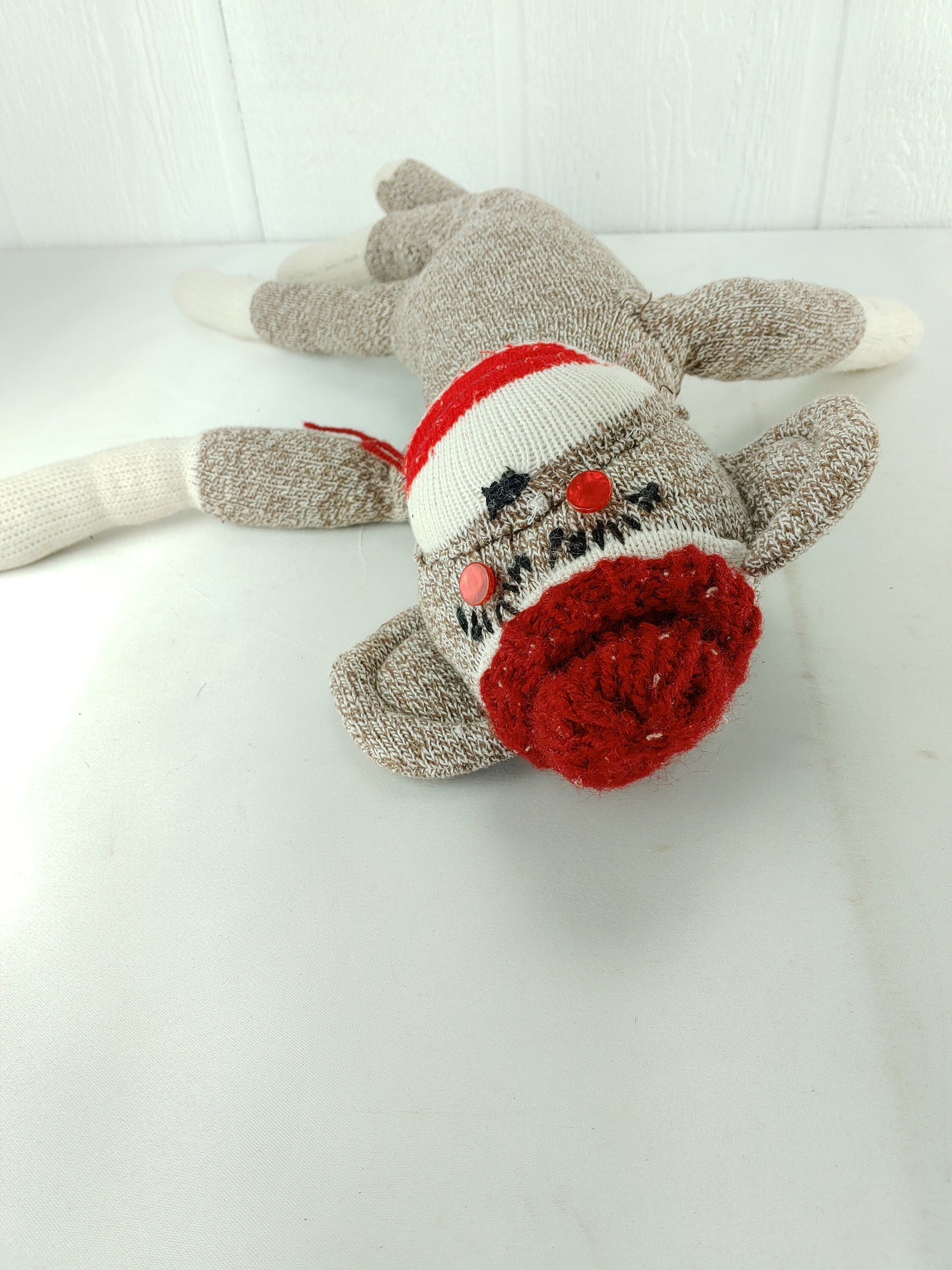 Vintage Handmade Sock Monkey Plush Doll 21" Stuffed Toy Hat Button Eyes ...