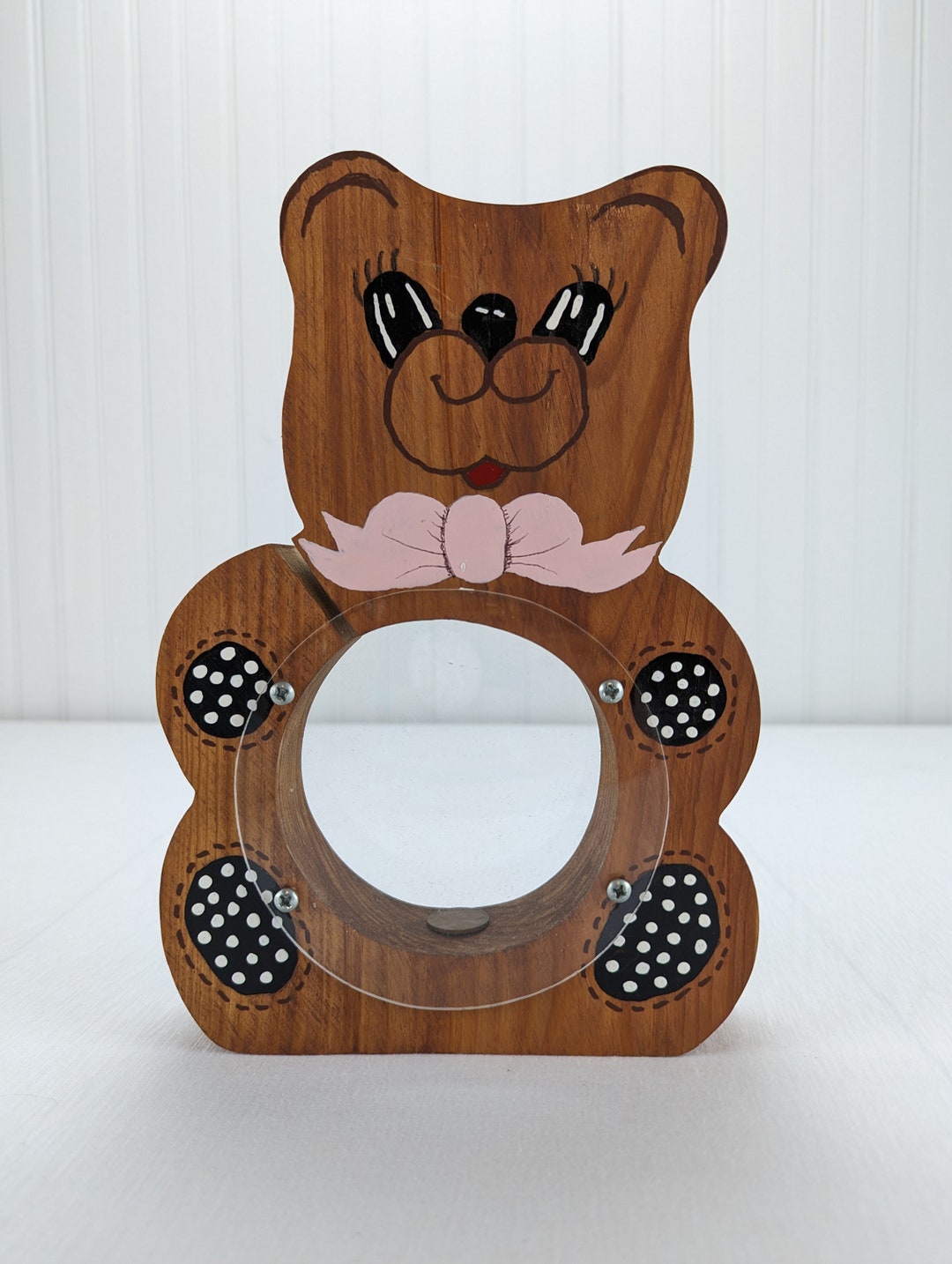 Vintage Wooden Teddy Bear Coin Bank Clear Belly Center Hand Painted 9.5 ...