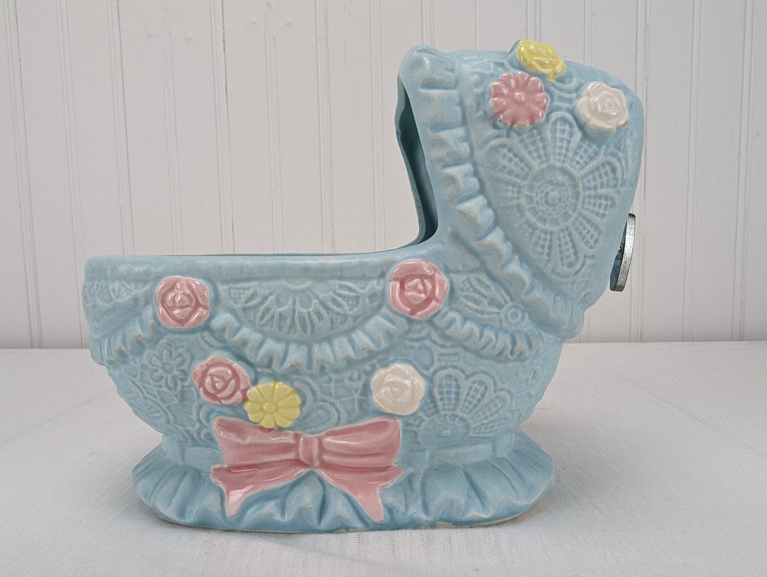 Vintage Lefton Blue Bassinet Planter Music Box Ceramic Flowers 00720 ...