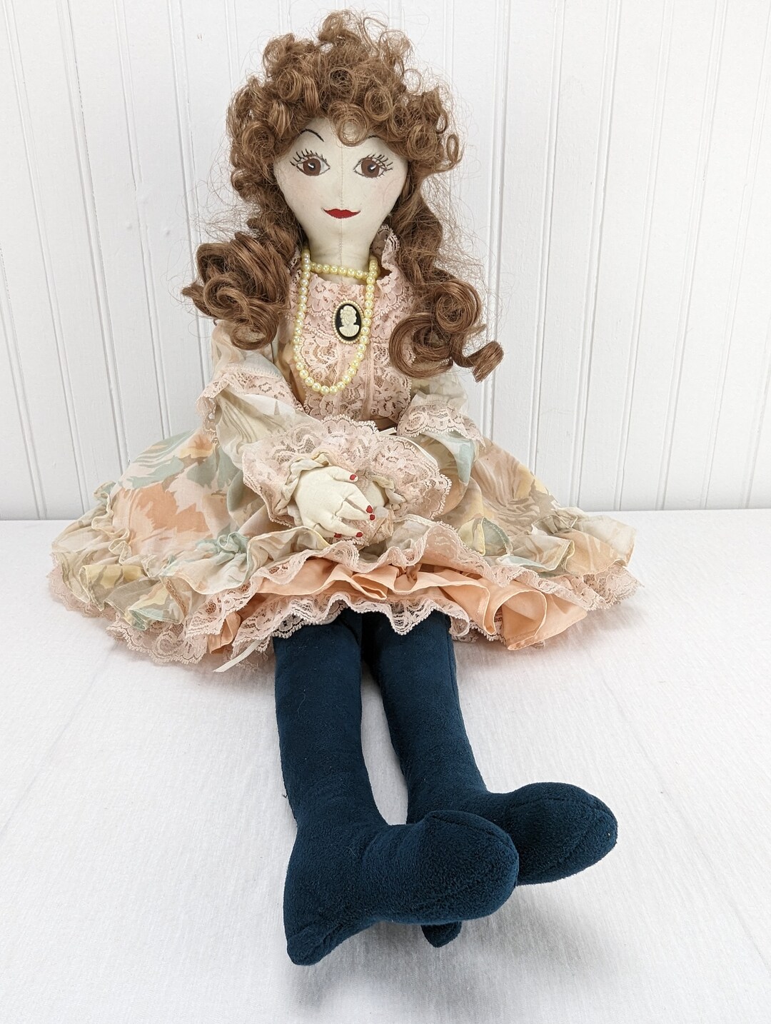 Vintage Artist Cloth Doll Handmade Fancy Brown Hair Saloon Dress Boots ...
