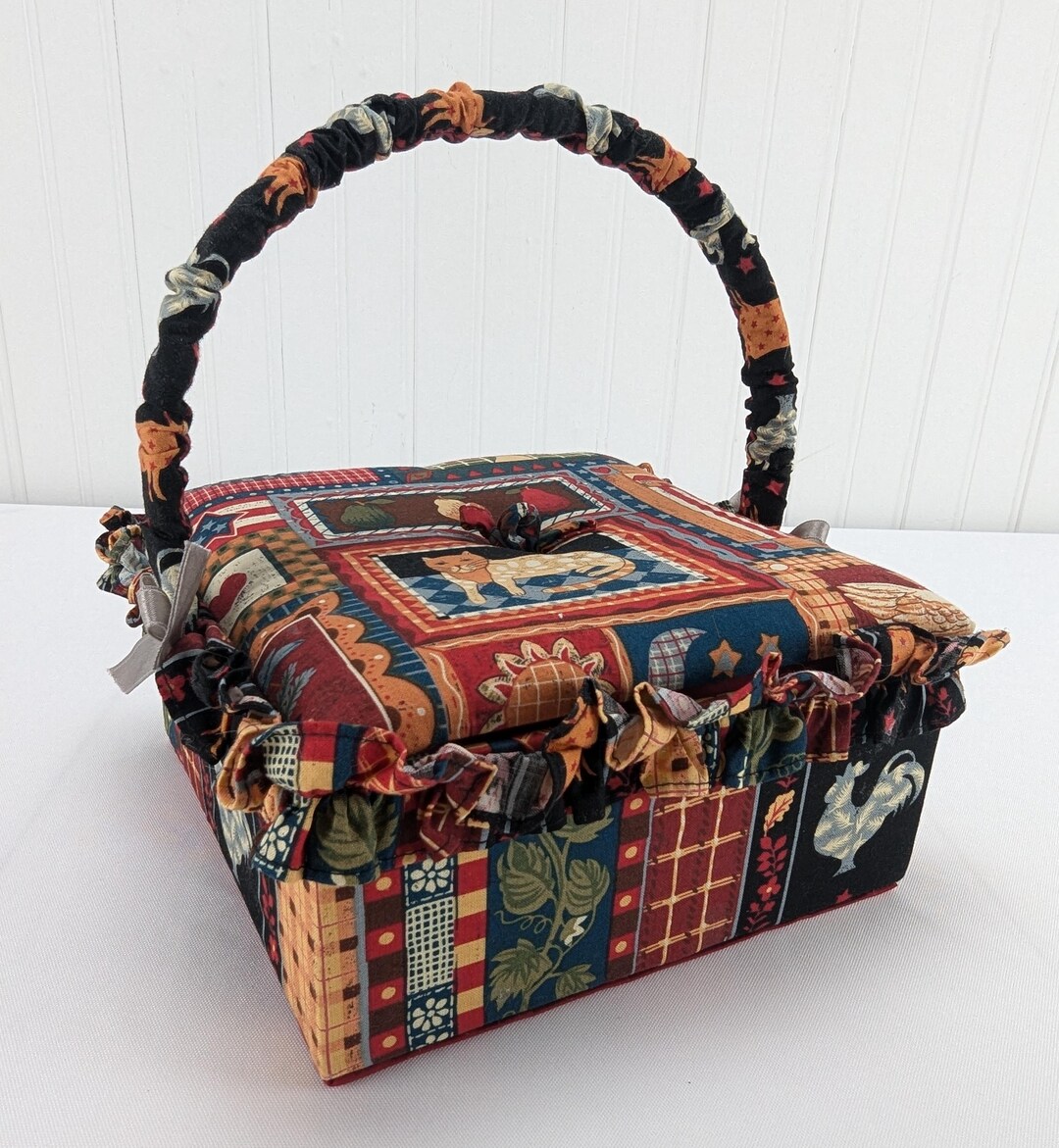 Fabric Sewing Box With Handle Padded Lid Primitive Pattern Square ...