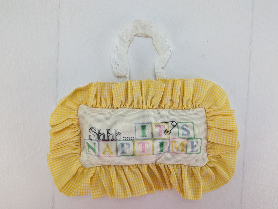 Vintage Shhh It's Naptime Door Hanging Pillow Yellow Pastel Embroidered ...