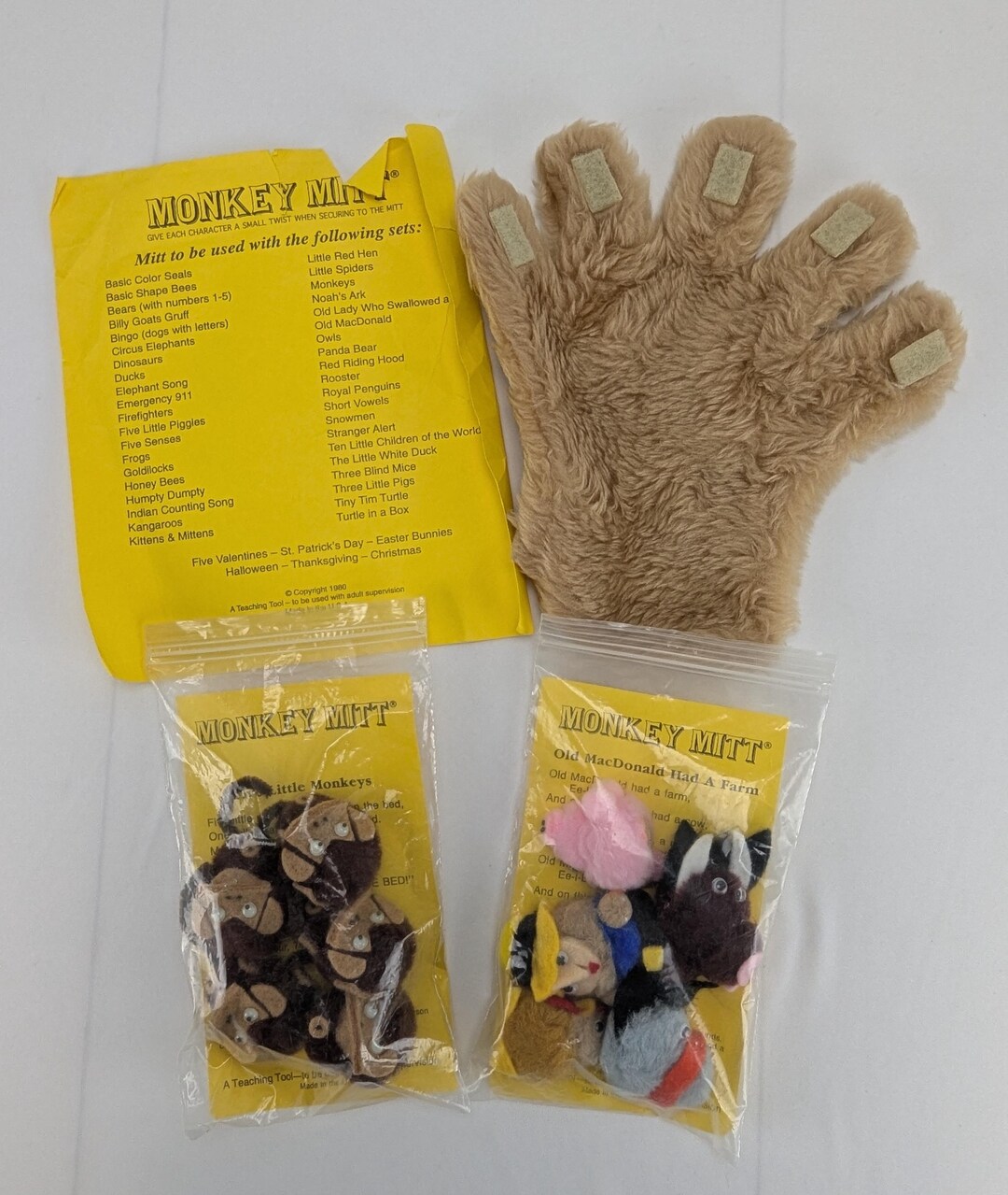 Vintage Monkey Mitt Hand Puppet Set Five Little Monkeys Old Macdonald ...