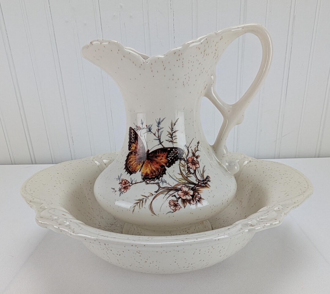 Vintage Treasure Craft Wash Basin & Pitcher Butterfly Design Off-white ...