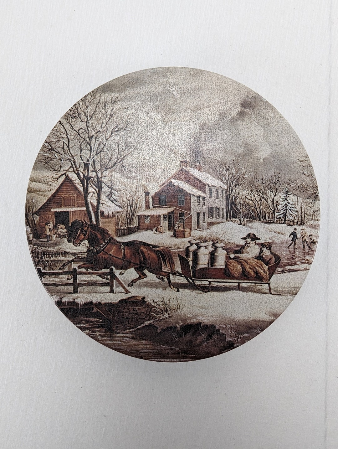 Vintage Currier and Ives Round Metal Tin American Farm Scenes 8.5 ...
