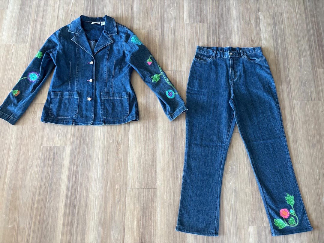 Y2K Birch Hill Outfit Denim Jacket Jeans Set Floral Appliqué Women’s L ...