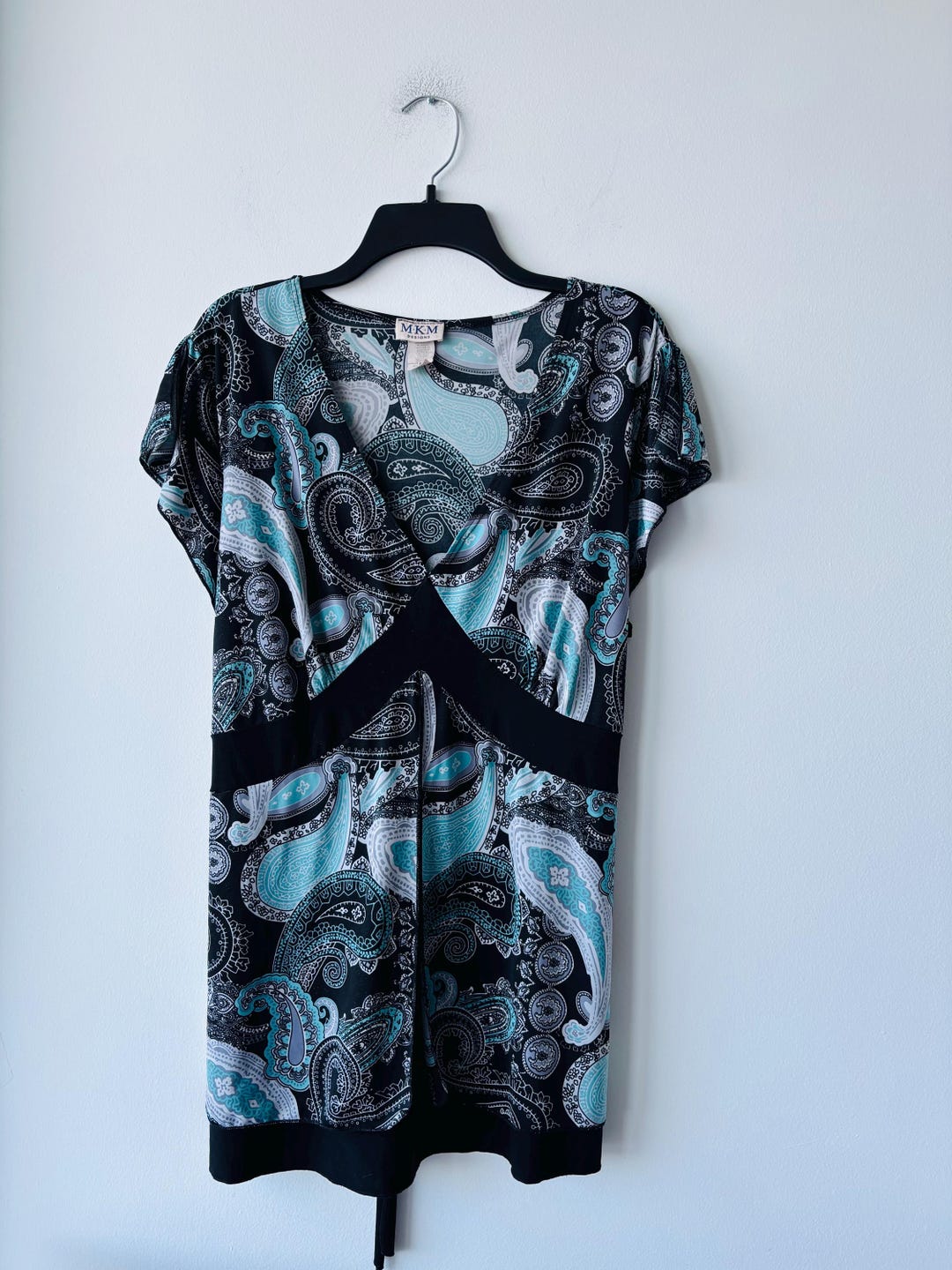 Y2K Vintage MKM Designs Blouse Blue Black Paisley Tie Split Slit Sleeve ...
