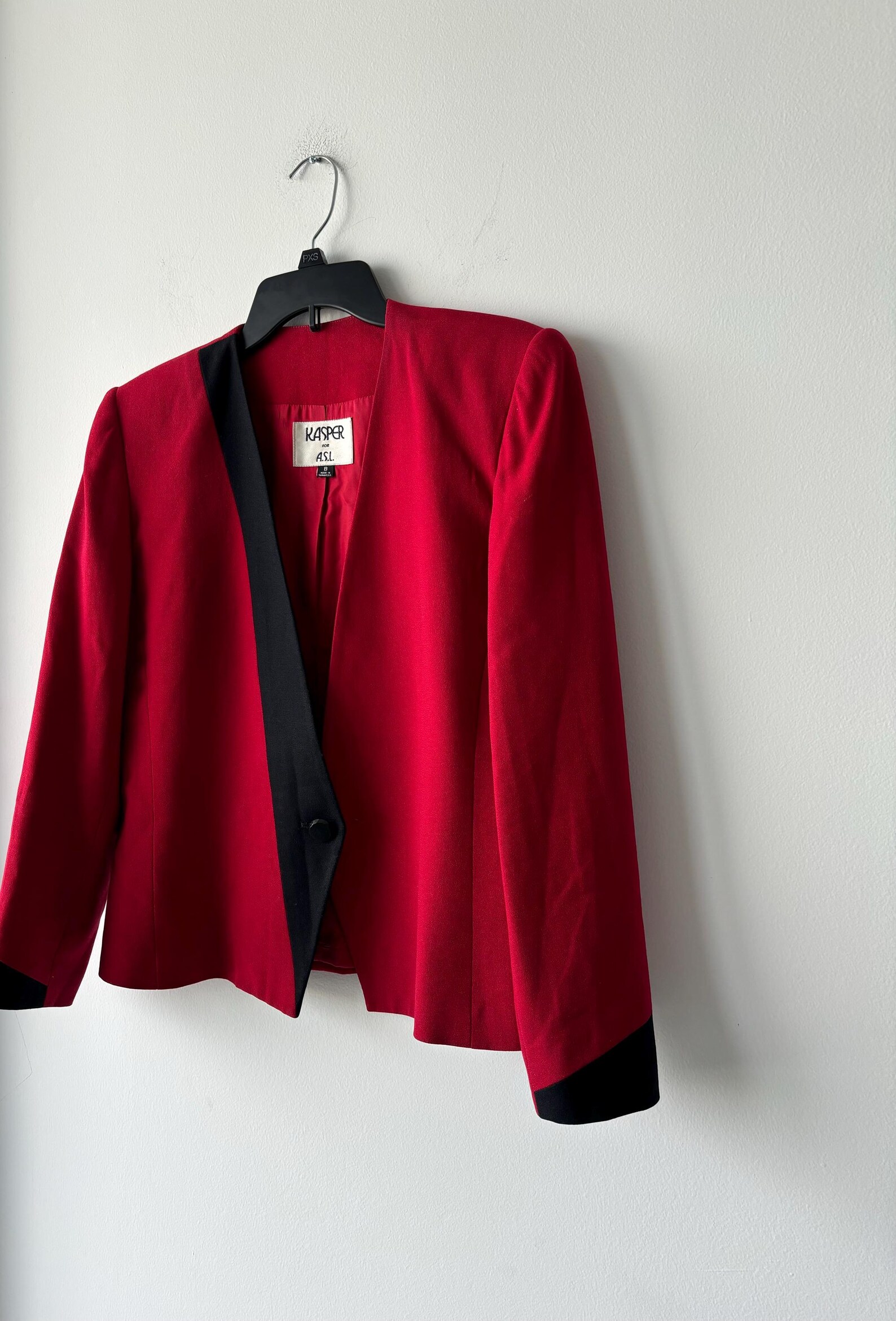 Vintage Kasper Blazer Red Black Trim Collarless 100% Wool One Button ...