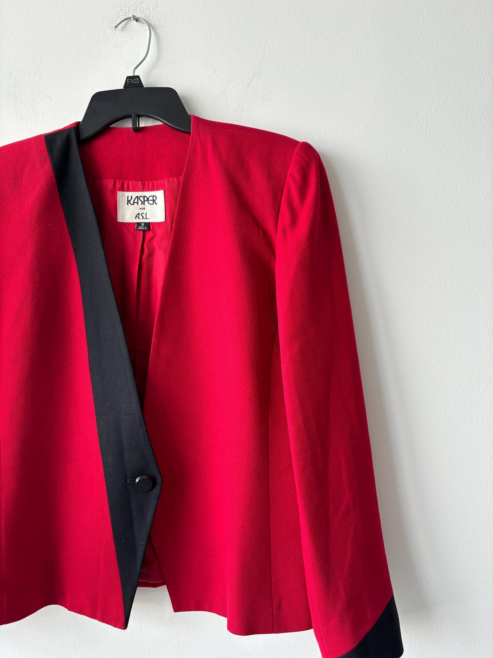 Vintage Kasper Blazer Red Black Trim Collarless 100% Wool One Button ...