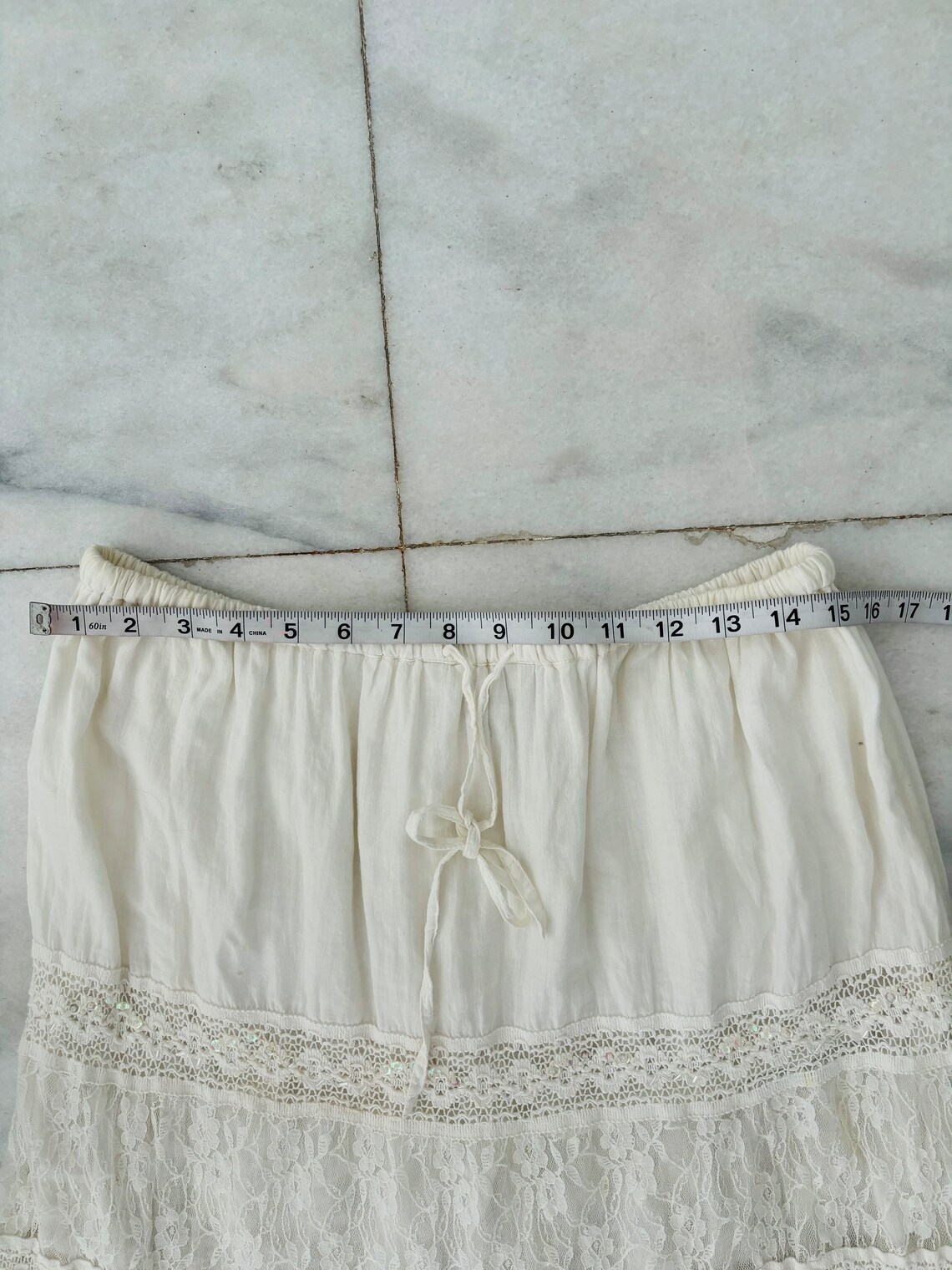 Vintage Womens Ivory Boho Drawstring Waist Lace Detail Broomstick Maxi ...