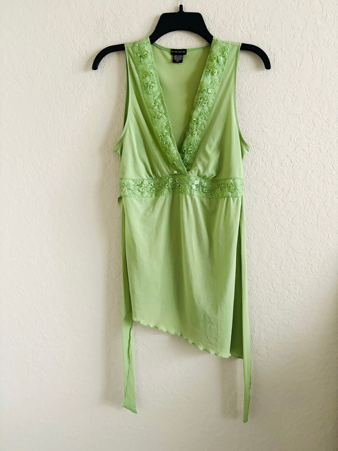 Y2K Vintage FANG Green Sleeveless Rhinestone Fairy Asymmetrical Tank ...