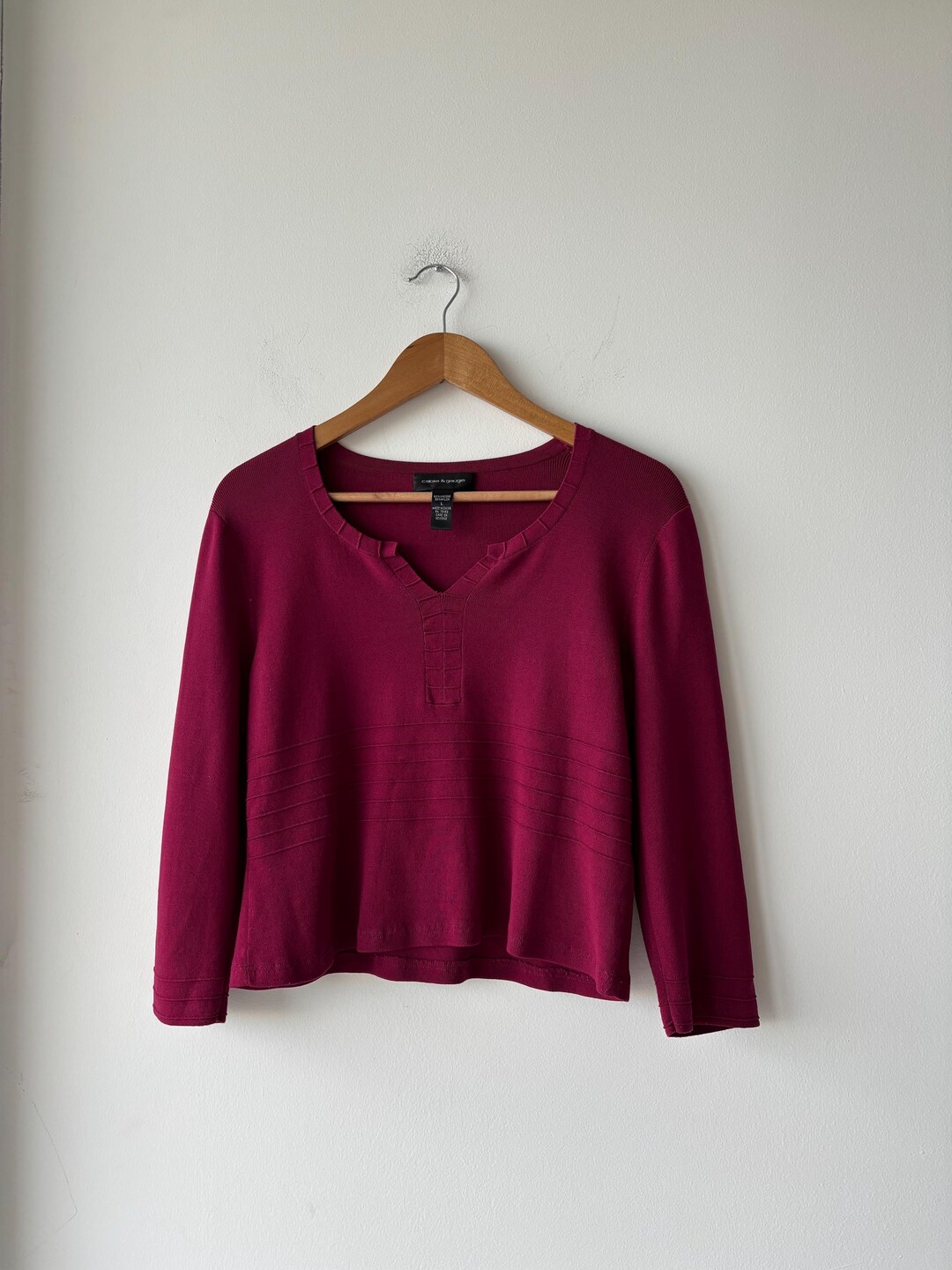 Y2K Cable & Gauge Top Burgundy Knit Bandage Ribbed Womens L 90s Office ...