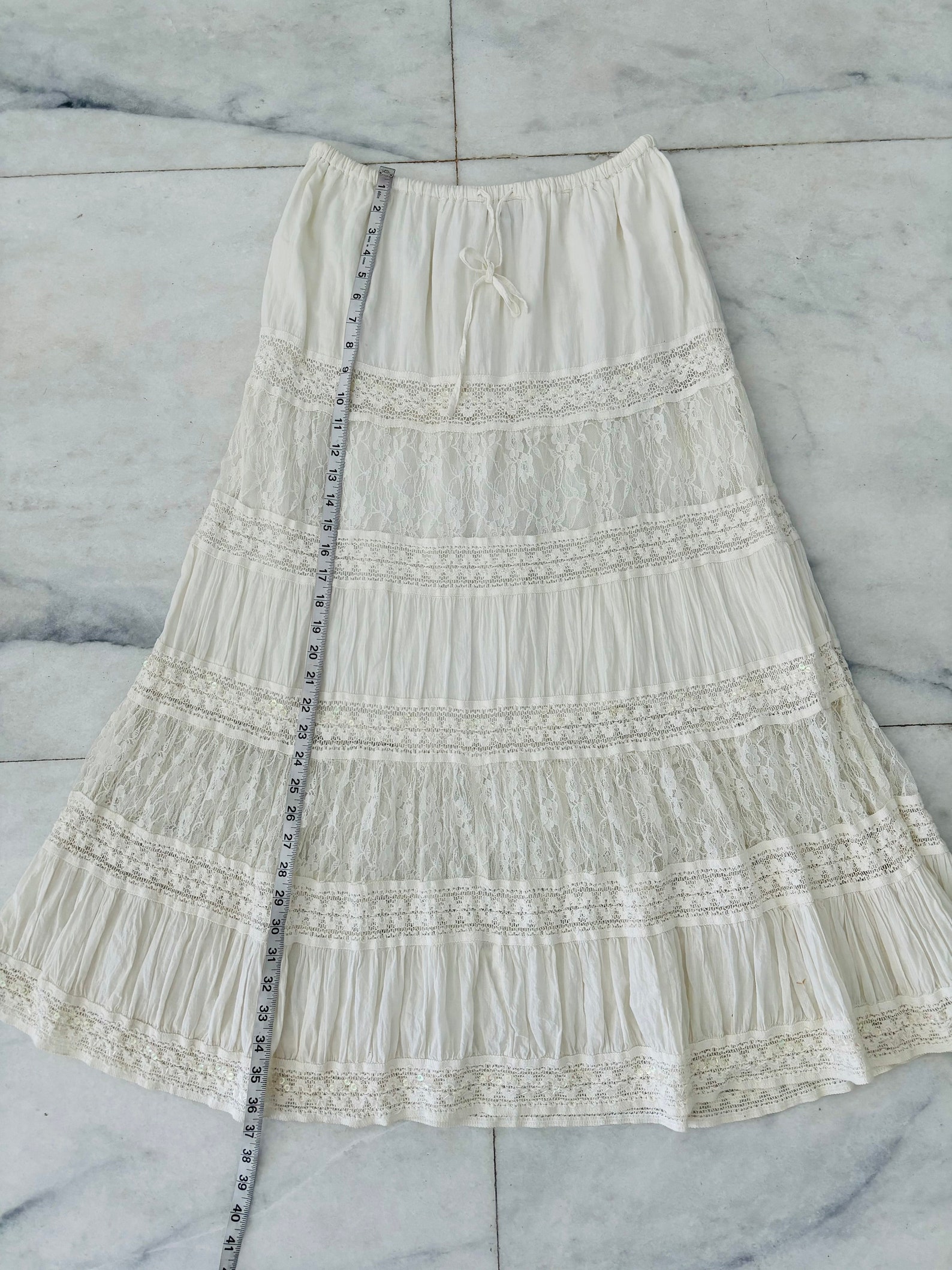 Vintage Womens Ivory Boho Drawstring Waist Lace Detail Broomstick Maxi ...