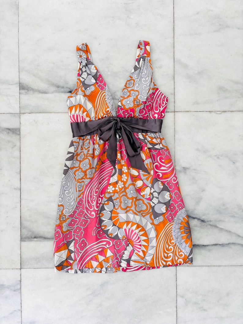 Y2K Vintage Arden B Dress Silk Satin Pink Orange Print Surplice Bow ...
