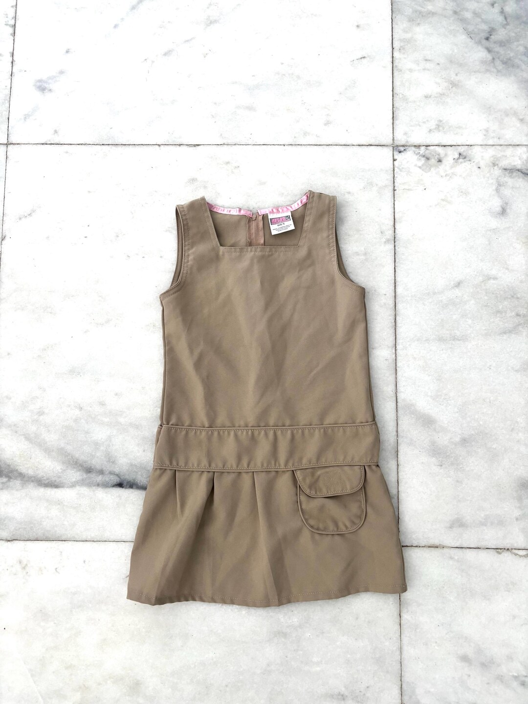 Vintage Girls School Uniform Dress Beige Drop Waist Pocket Sleeveless ...
