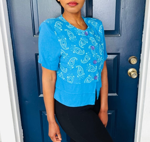 80s Cattrell Blue Collarless VTG Paisley Print Chiffo… - Gem