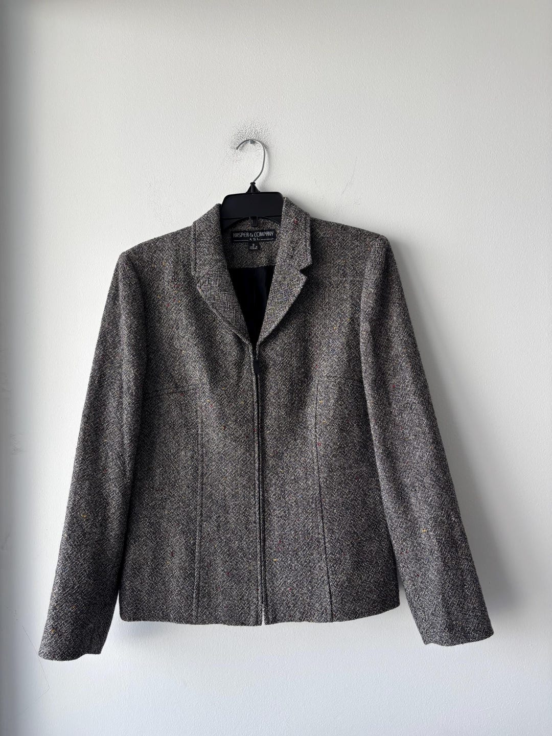 VTG Kasper Jacket Black White Tweed Wool Stretch Full Zip Womens 8 ...