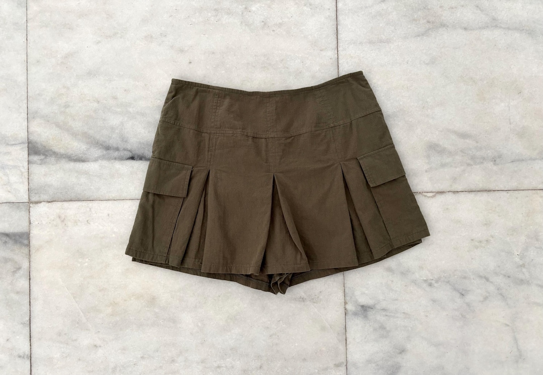 Y2K Skort Mini Army Green Pleated Low Rise Pockets Kirious Cotton Women ...