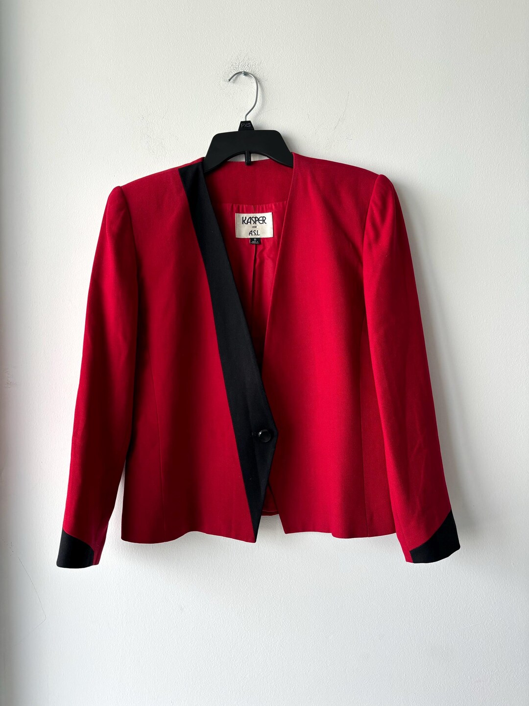Vintage Kasper Blazer Red Black Trim Collarless 100% Wool One Button ...