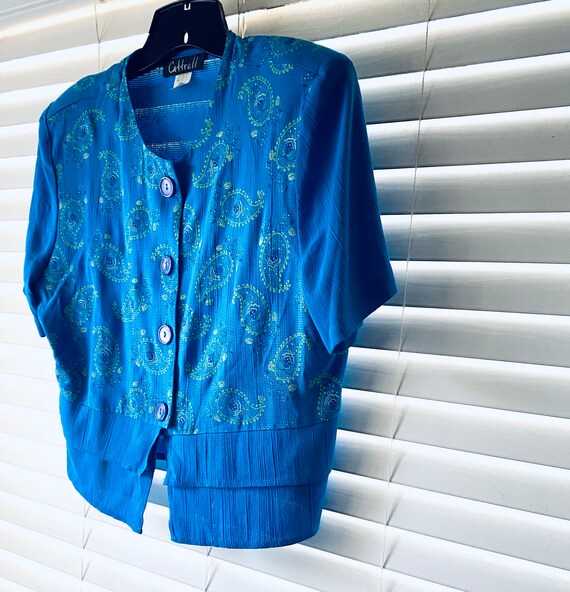 80s Cattrell Blue Collarless VTG Paisley Print Chiffo… - Gem