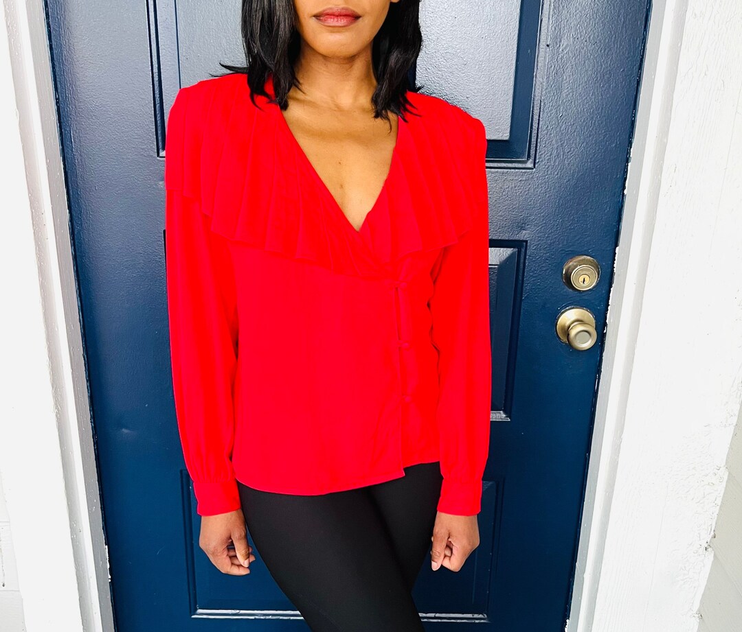 90s Josephine Red Chiffon Ruffle Button Blouse - Etsy