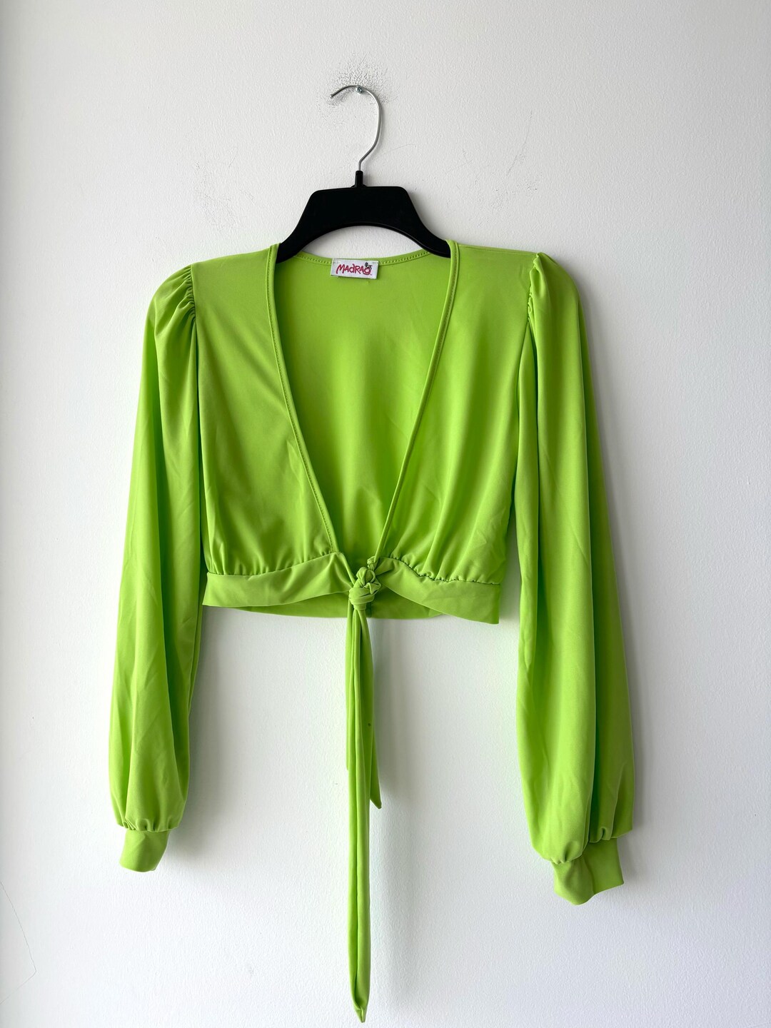 Y2K Madrag Tie Front Crop Top Lime Green Long Sleeve Womens Small Boho ...
