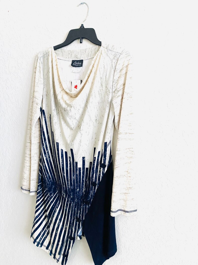 Artex Fashions Y2K Blue & Cream Y2K Cowl Neck Fitted Asymmetrical Tunic ...