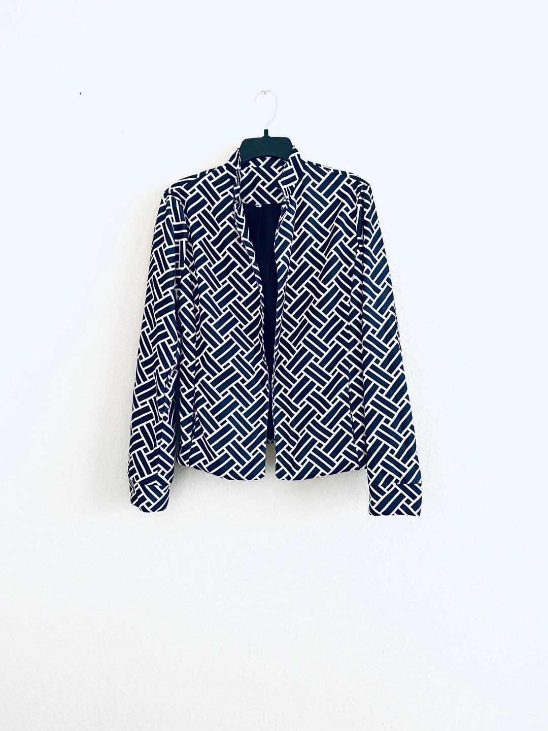90s Vintage Blue & White Geometric Print Jacket - Etsy
