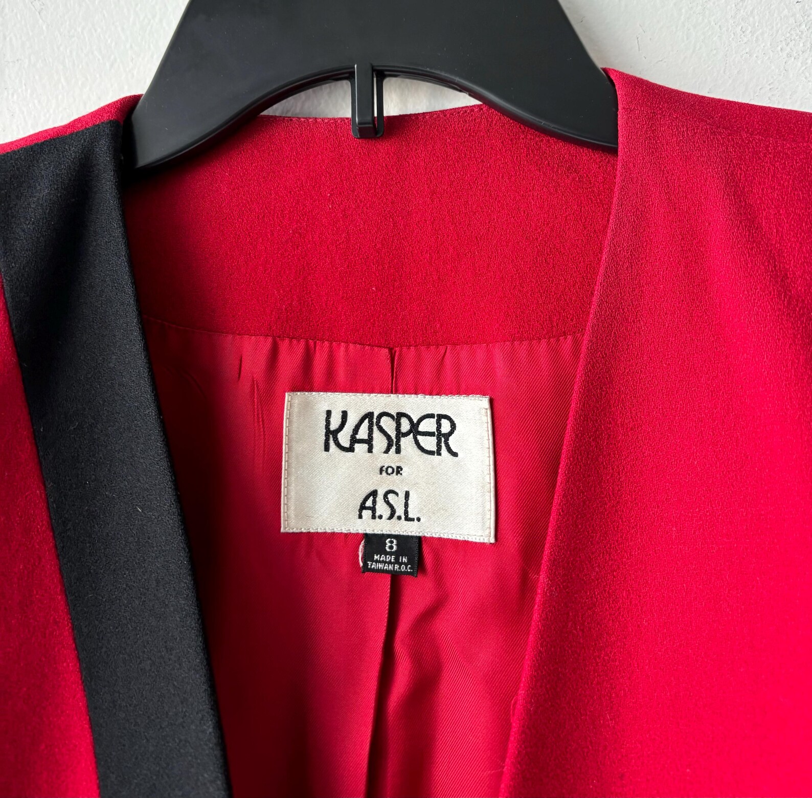 Vintage Kasper Blazer Red Black Trim Collarless 100% Wool One Button ...