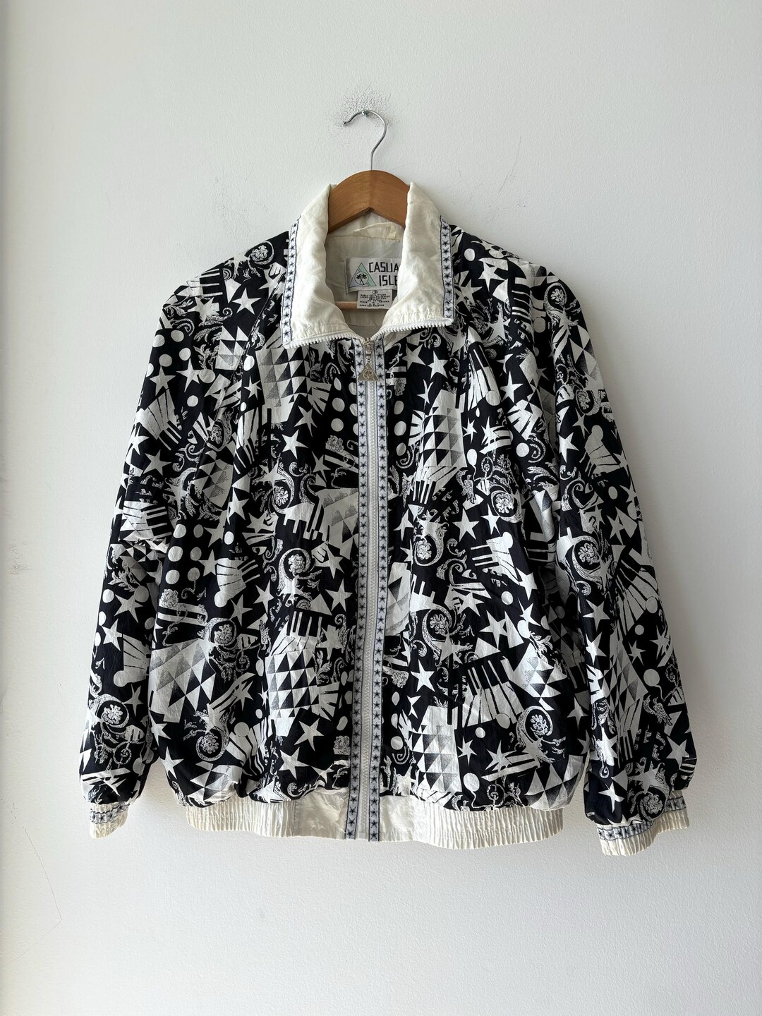Vintage Casual Isle Jacket Black White Full Zip Windbreaker Celestial ...