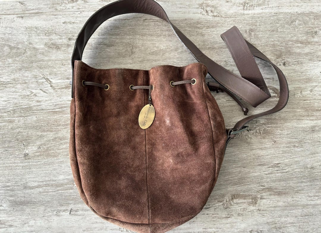 90s VTG Kenneth Cole Bucket Bag Brown Suede Leather Drawstring Boho ...